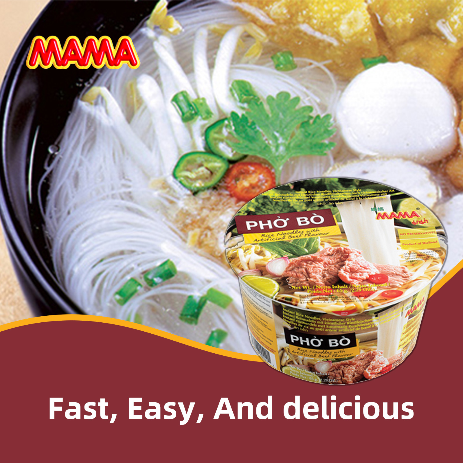MAMA Pho Bo Beef Flavor Rice Noodle Bowl 65g x 6
